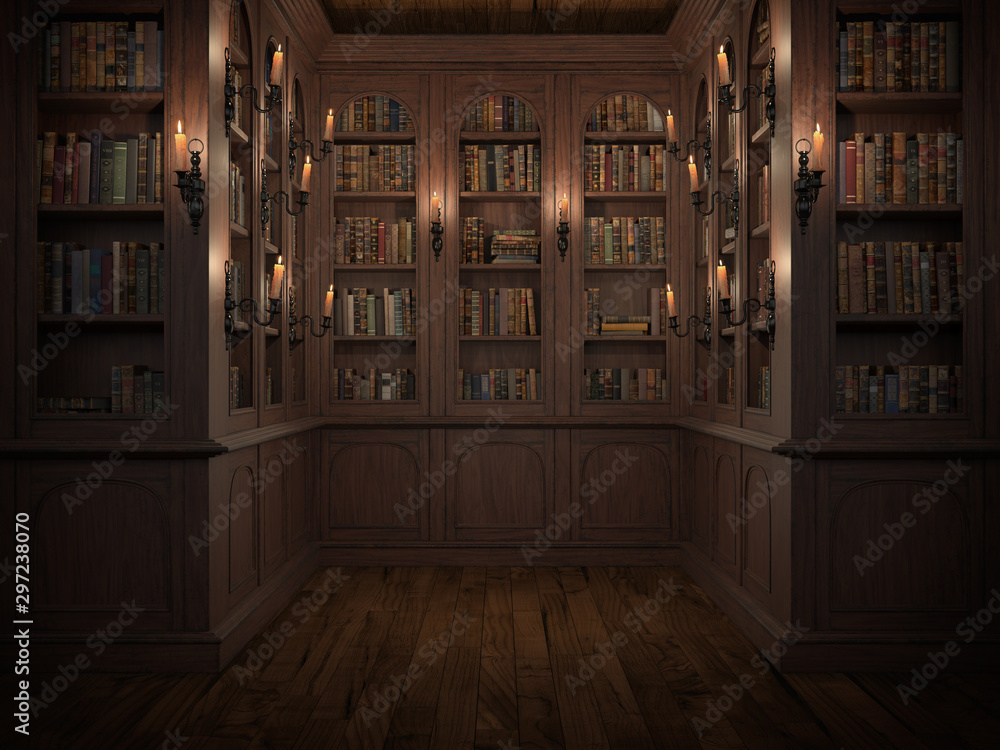 Mysterious library with candle lighting. With vintage books ilustração ...