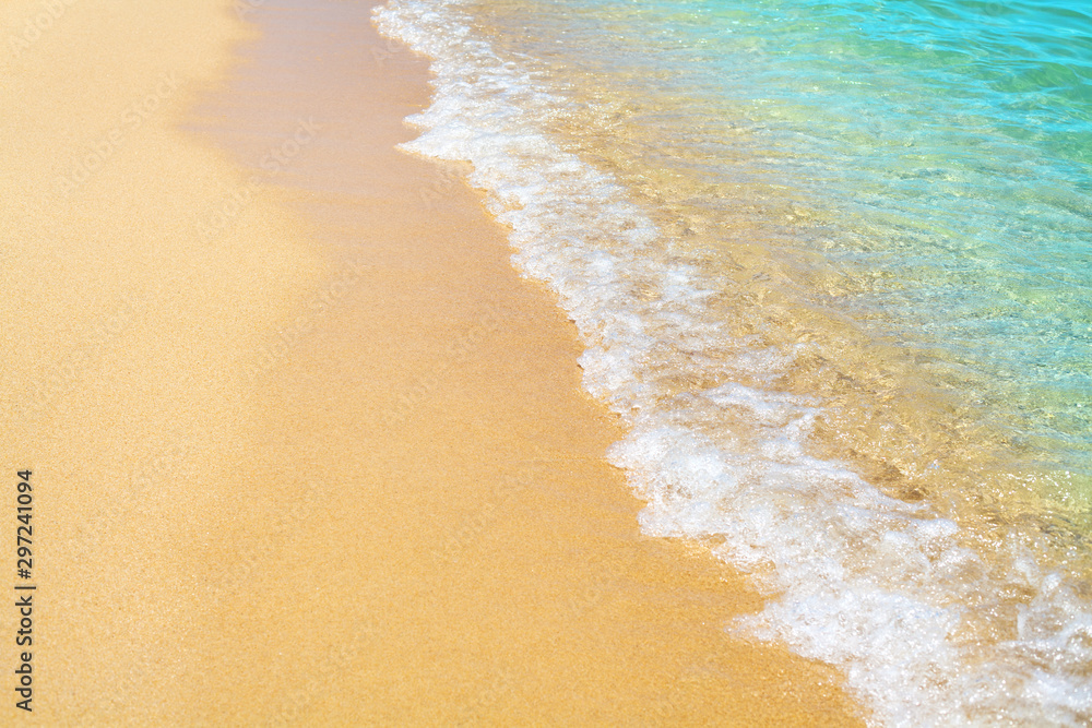 Golden sand beach, blue sea wave and white foam landscape, turquoise ...