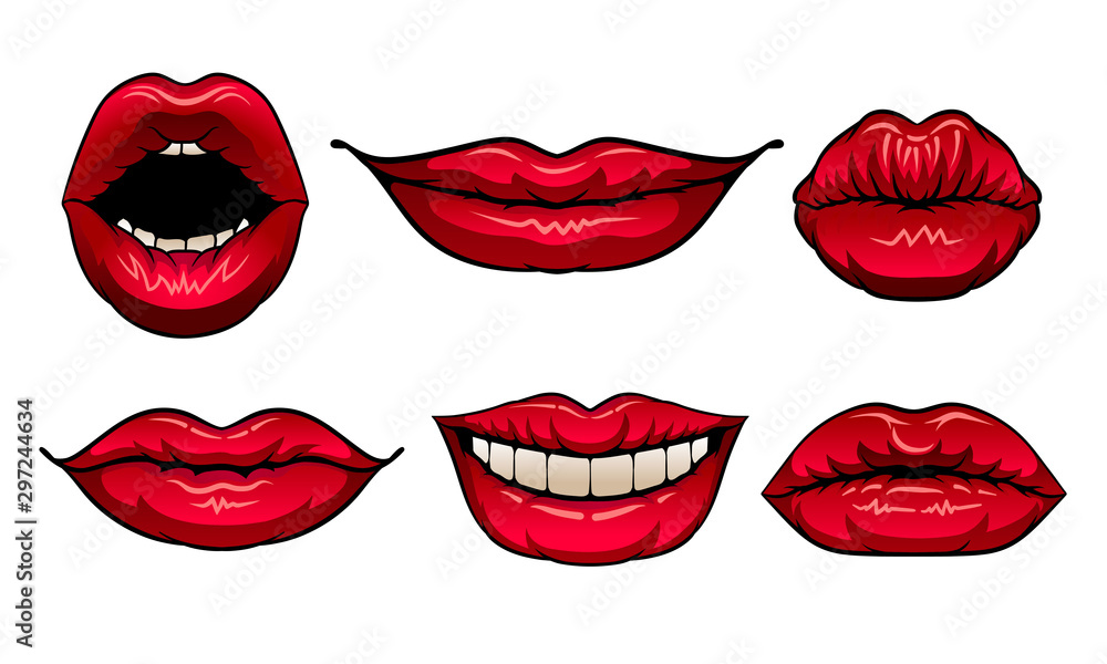 Red Woman Lips Showing Different Emotions Vector Illustrated Set Stock ...