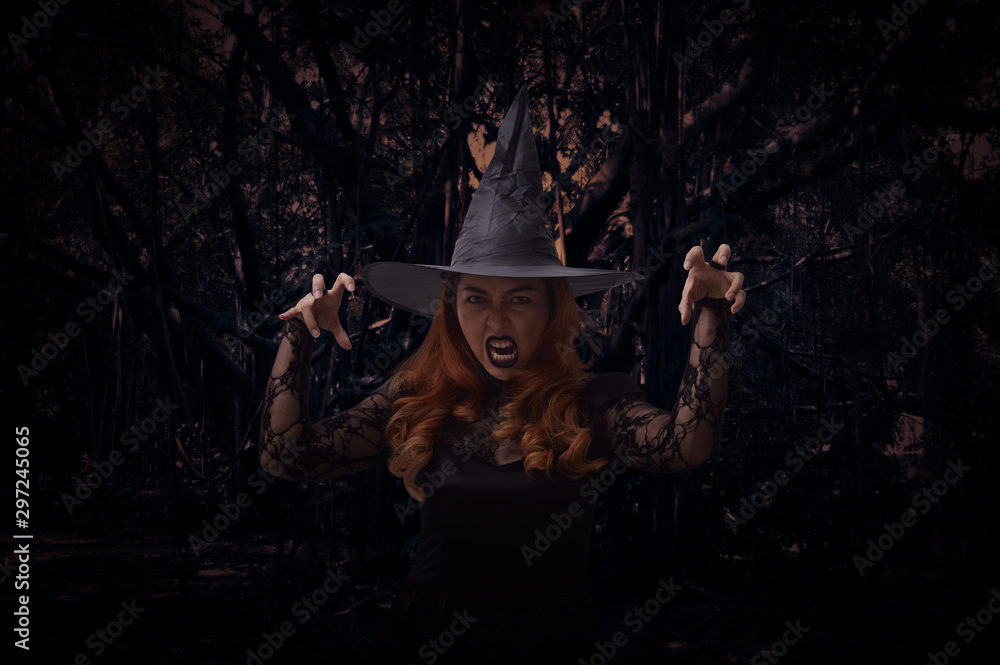 Scary halloween witch standing over spooky dark forest with tree ...