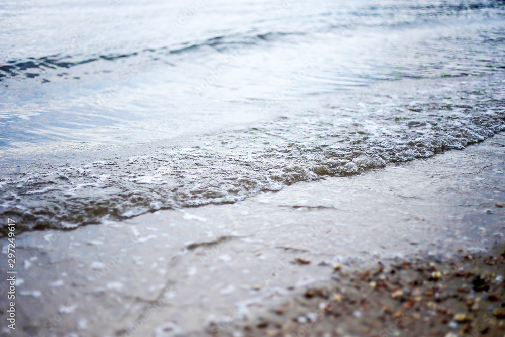 seashell on the sandy beach with ocean tidal waves breaking on a sand ...