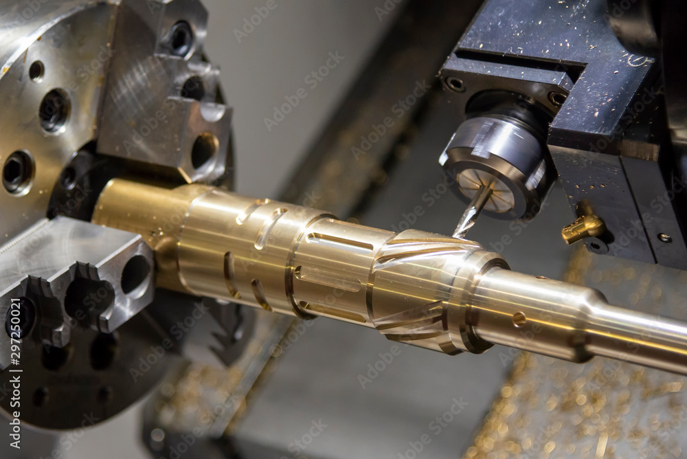 The CNC lathe,multi-tasking machine cutting the groove slot at the ...