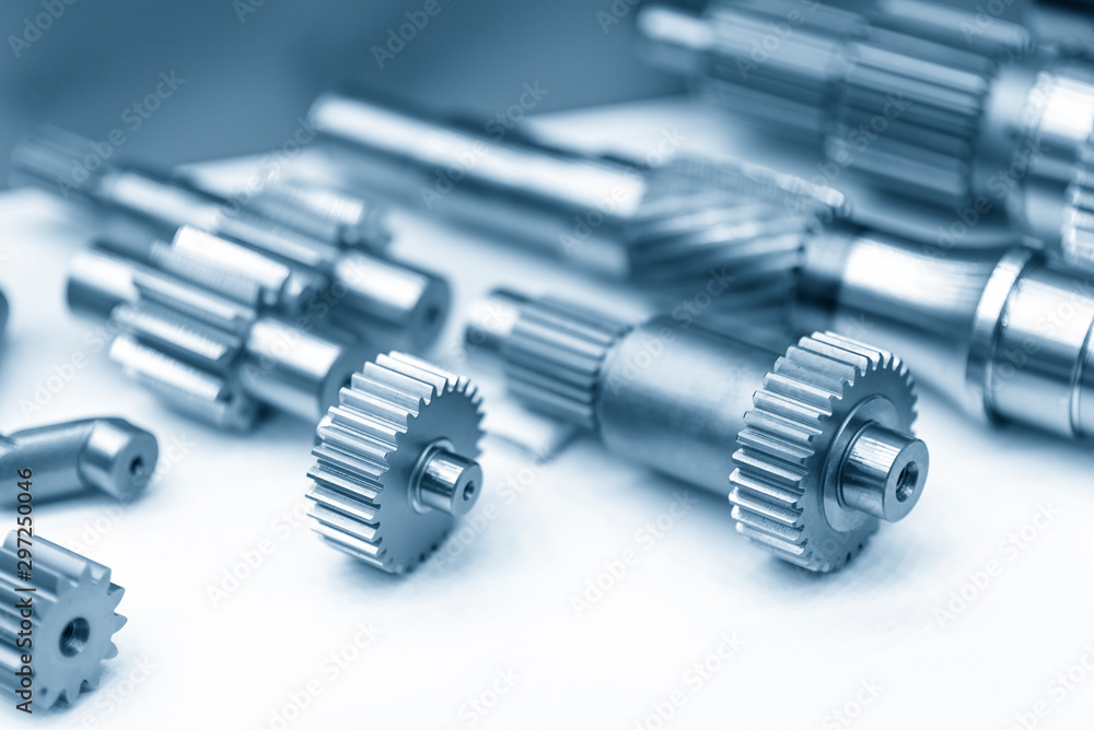The close-up scene of various type of the pinion gear parts shaft in ...