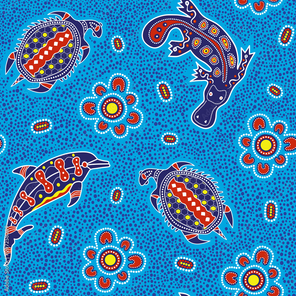 Australian aboriginal art seamless vector pattern with dolphin, turtle ...