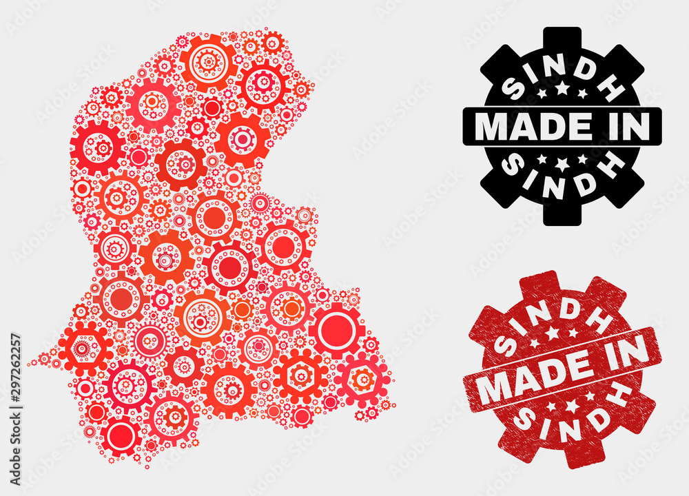 Mosaic gear Sindh Province map and textured seal. Vector geographic ...