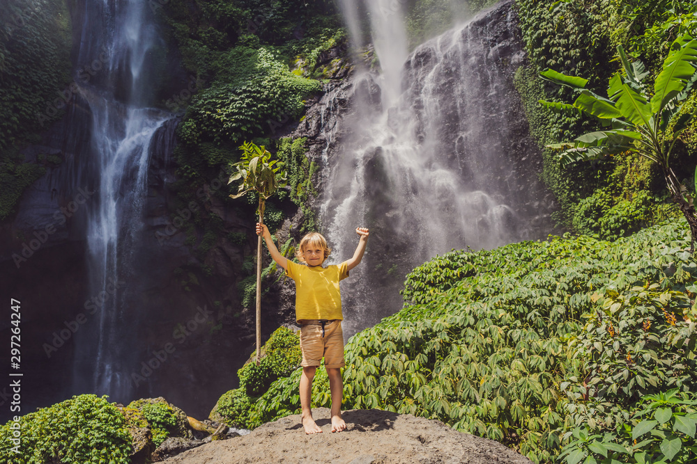 Cute boy depicts the king of the jungle against the backdrop of a ...