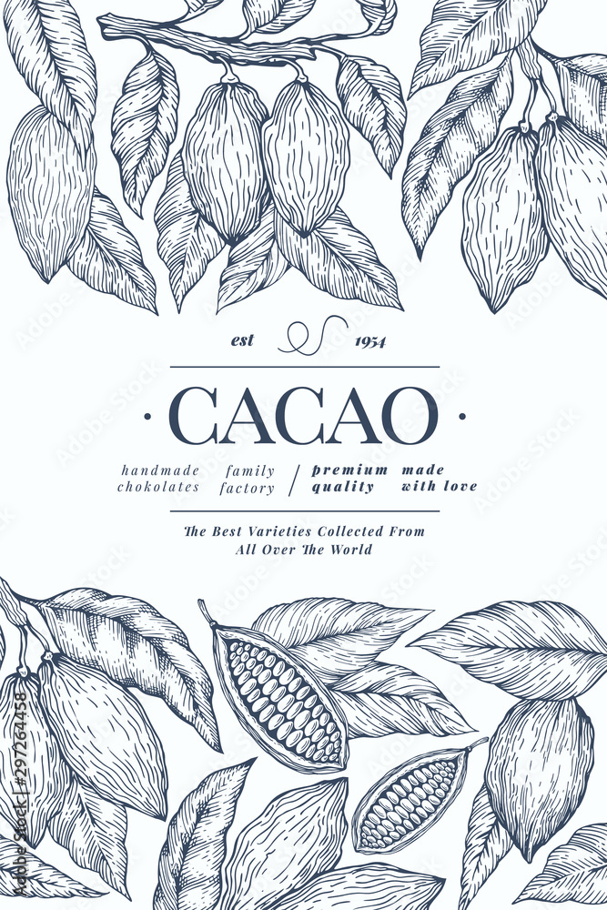 Cocoa banner template. Chocolate cocoa beans background. Vector hand ...