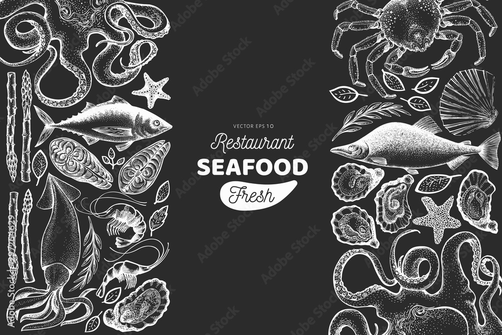 Seafood and fish design template. Hand drawn vector illustration on ...