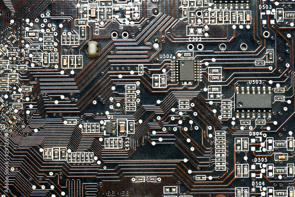 printed circuit board and microchip, or cpu closeup - electronic ...
