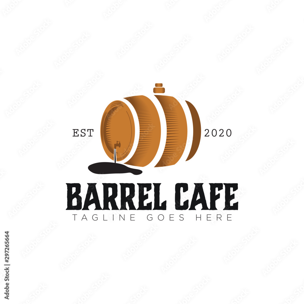 vintage, retro, rustic logo barrel cafe, with wood barel and coffee ...