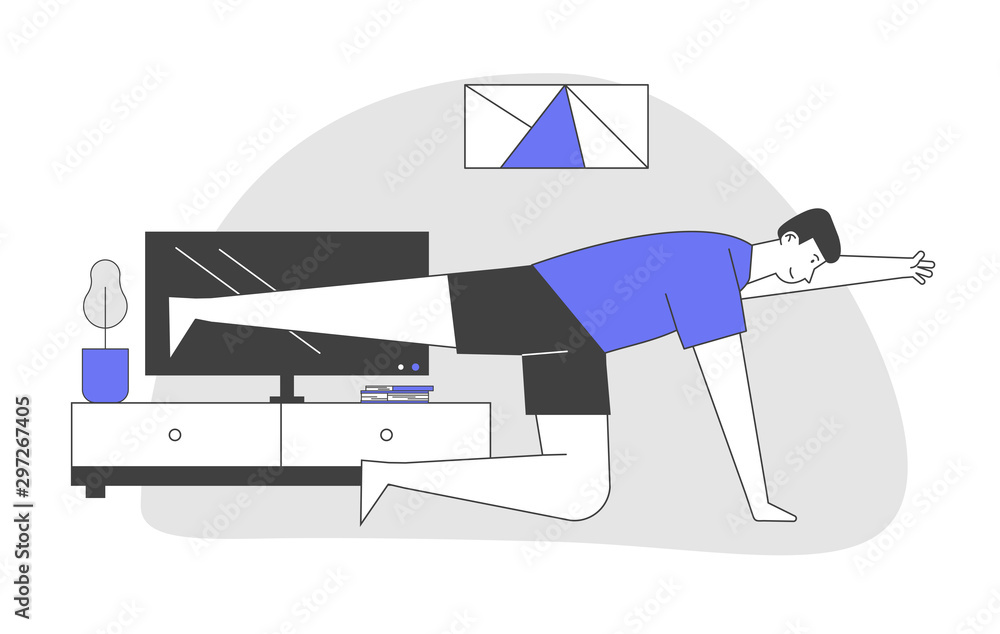 Young Man Practicing Sports Activity at Home. Male Character Stand on ...