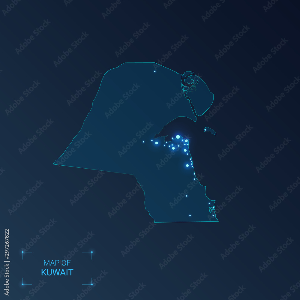 Kuwait map with cities. Luminous dots - neon lights on dark background ...
