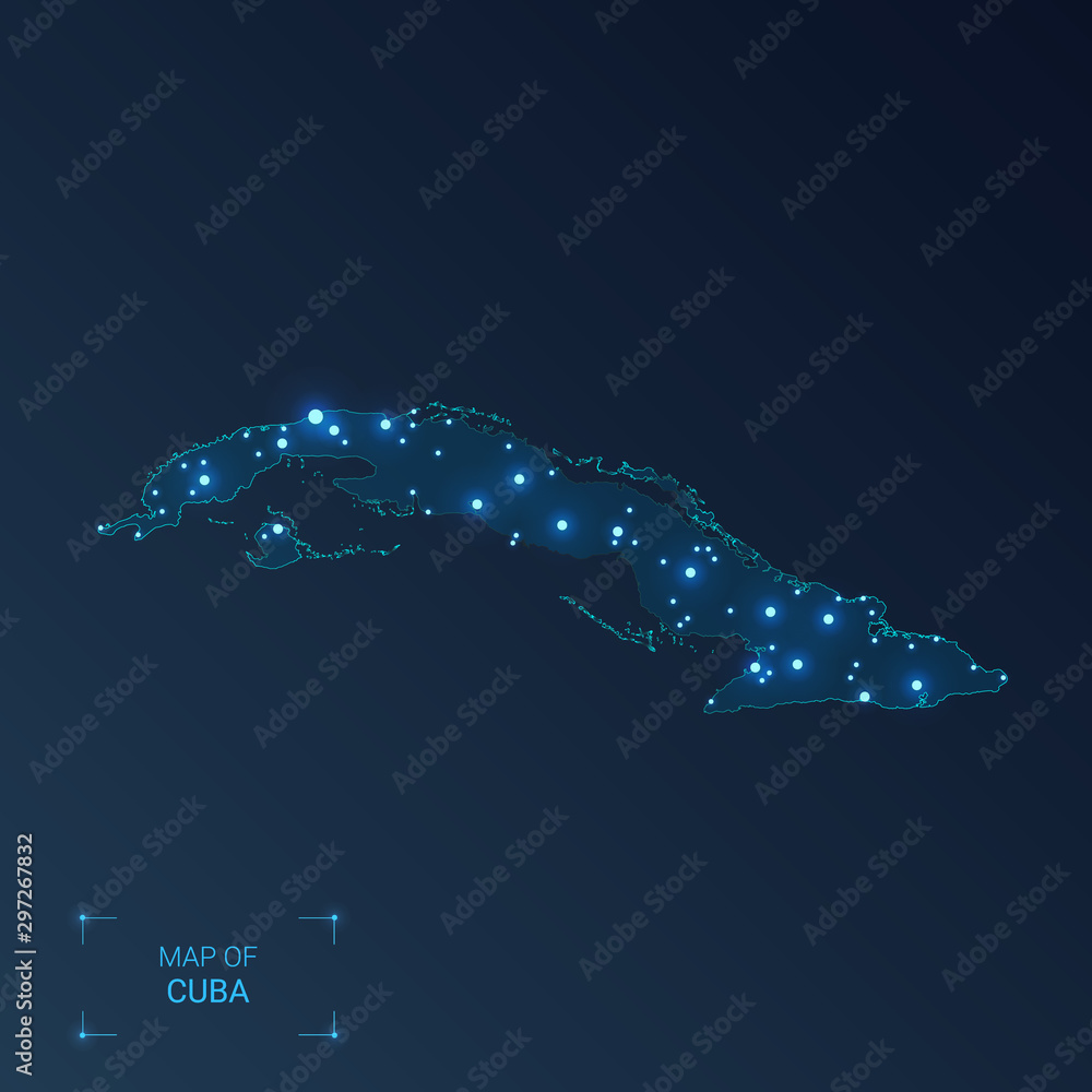 Cuba map with cities. Luminous dots - neon lights on dark background ...