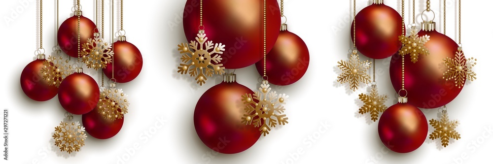 Christmas and New Years red Christmas balls and decorative snowflakes ...
