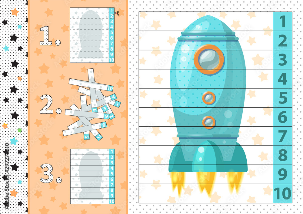 Counting number puzzle with cartoon rocket. From 1 to 10. Cut and ...