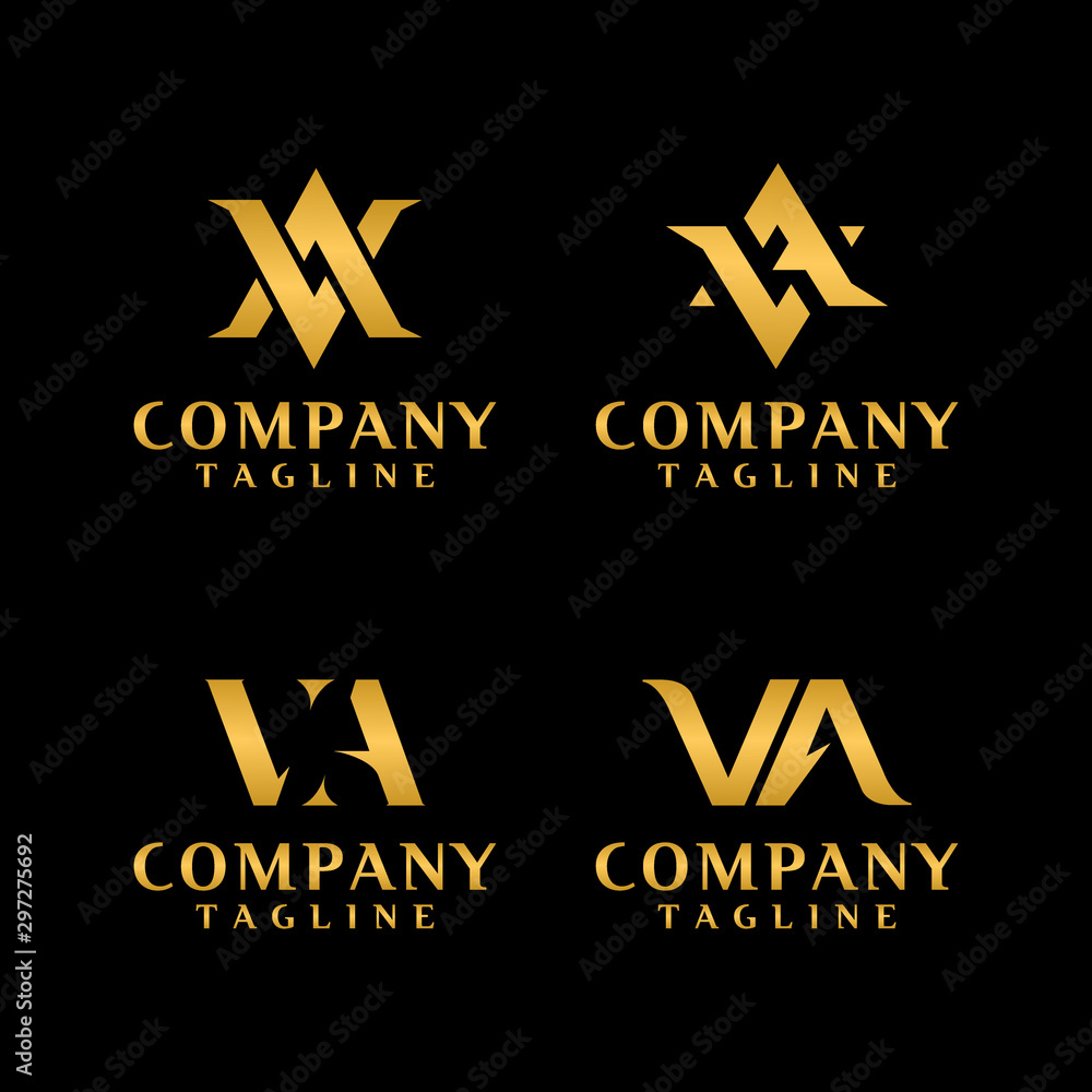 Set Of VA Letter Logo initial vector template with gold color in dark ...