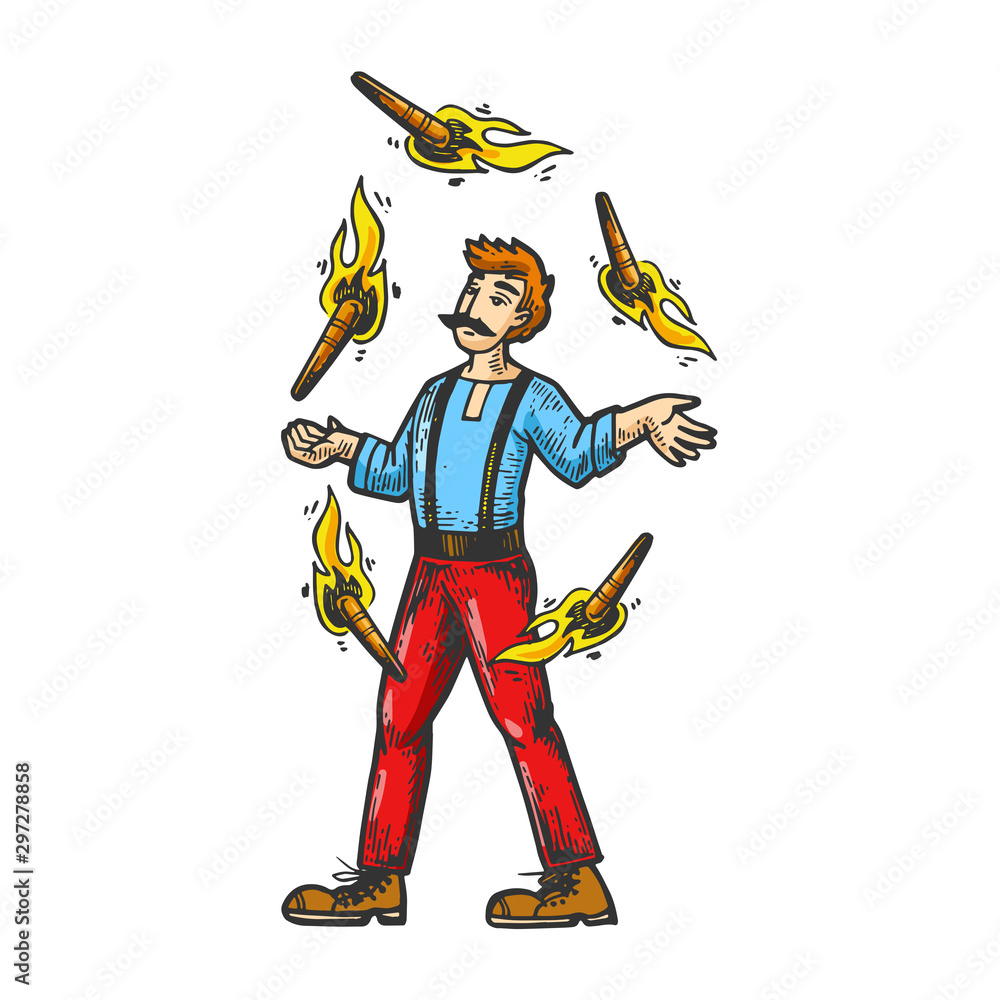Circus fire juggler performer engraving vector illustration. Scratch ...