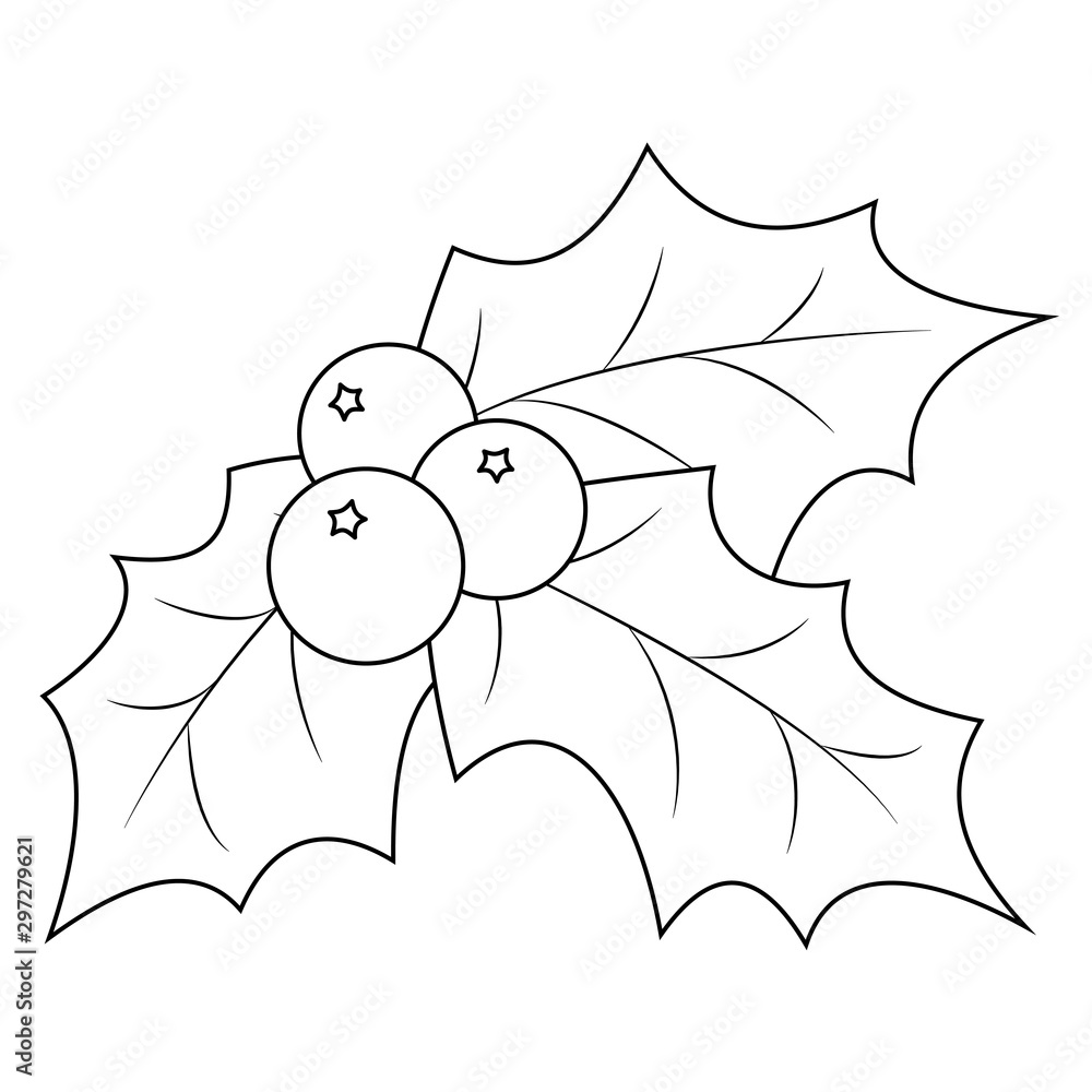 Coloring book page Christmas holly berry leaves. Vector illustration on ...