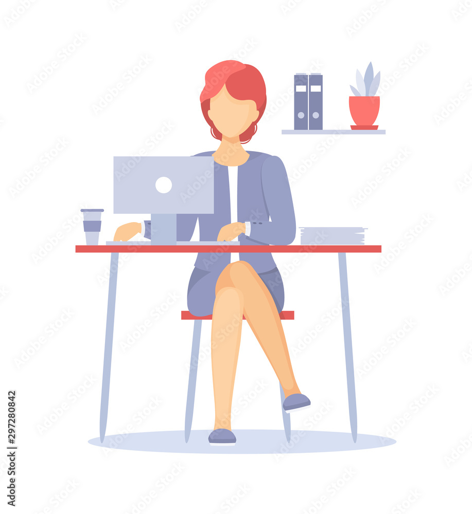 Woman Working At Desk Cartoon