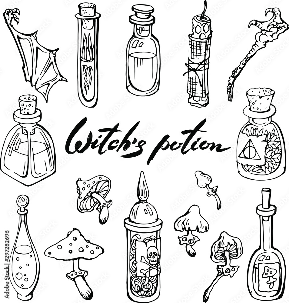 Vector set of witch potion ingredients. Poisoned mushrooms, glass ...