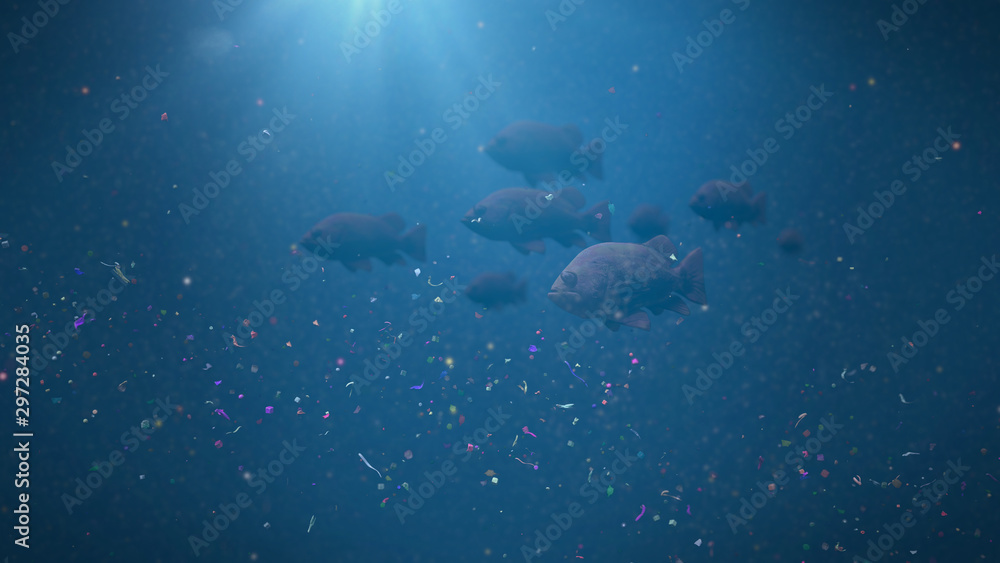 fish swarm swimming through plastic pollution, micro plastic particles ...