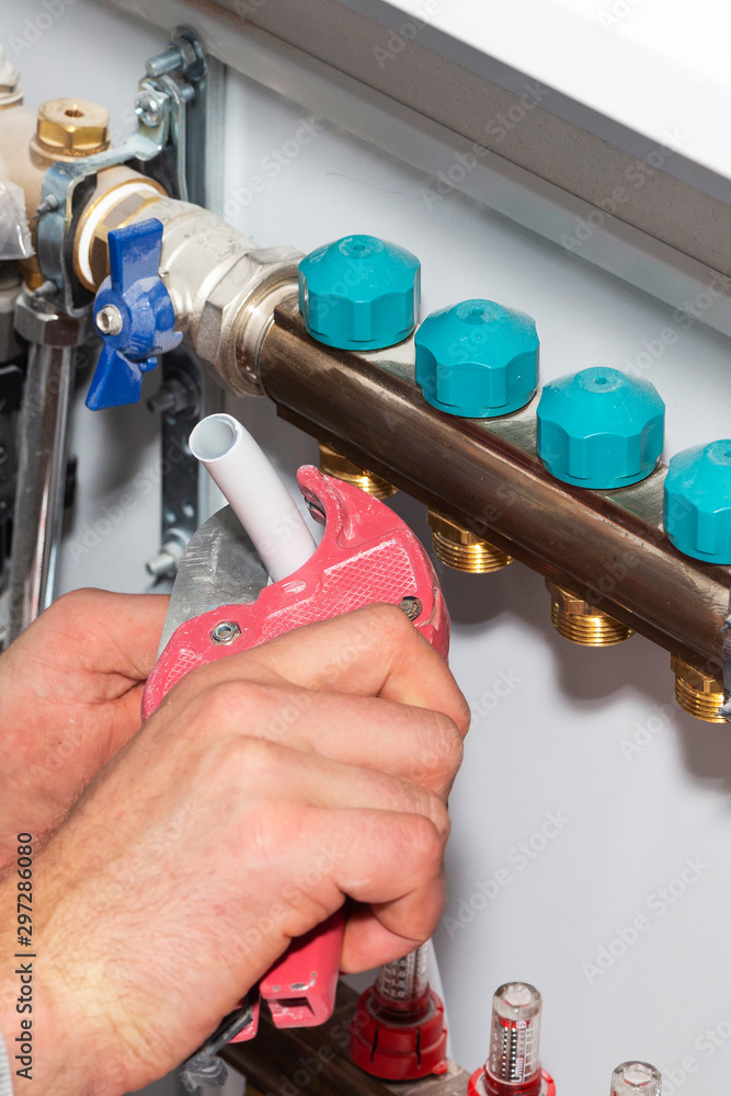 pipeline installation of the heating system, connection of Underfloor ...