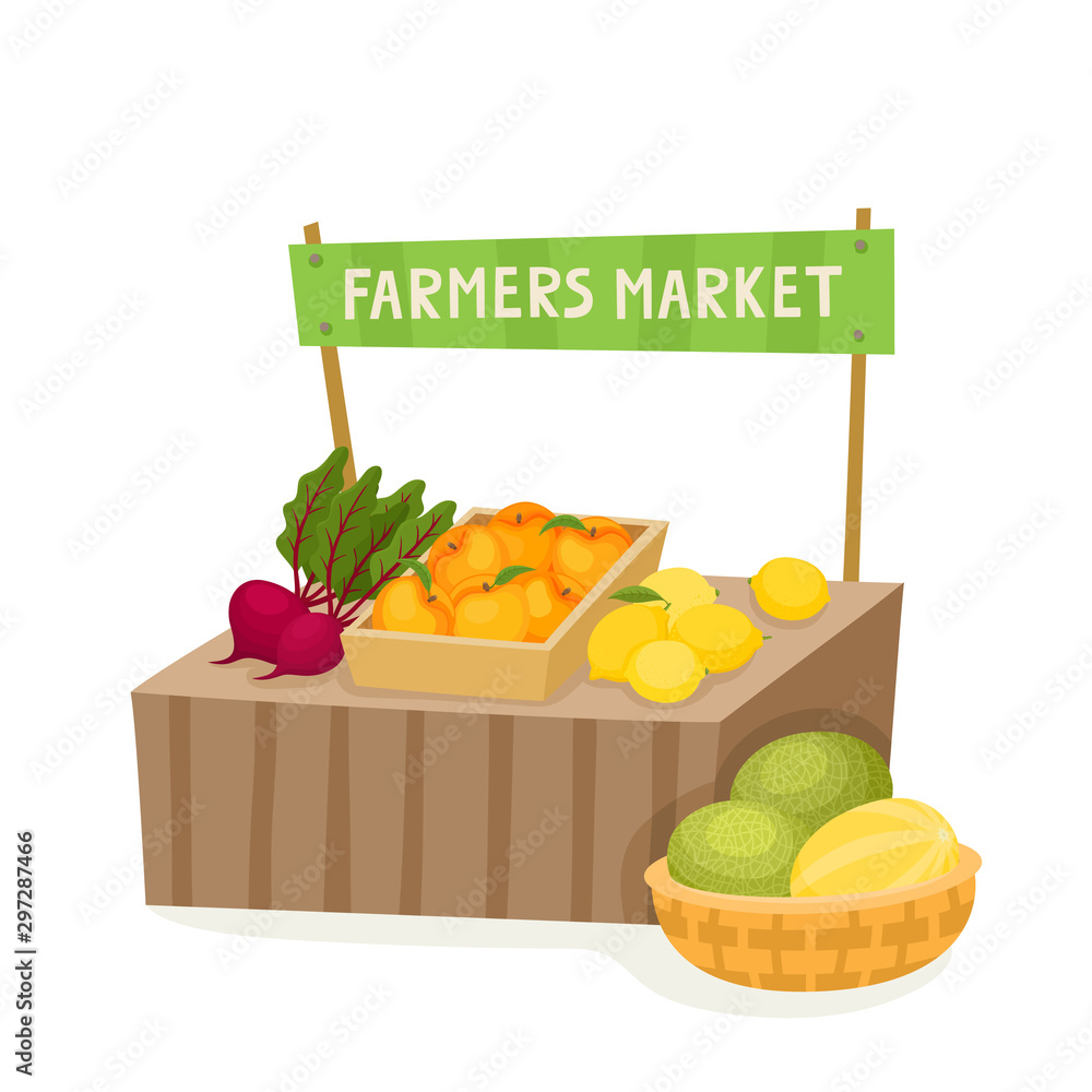 Vegetable and fruit local farmer market in cartoon style isolate Stock ...