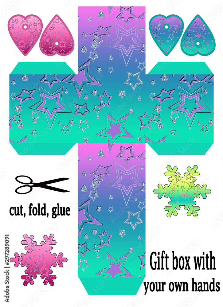 Favor printable template box packing, print and cut, glitter stars ...