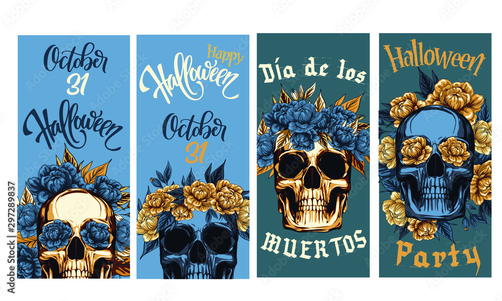 Halloween party banner, Metal Skull with floral Golden Roses wreath ...