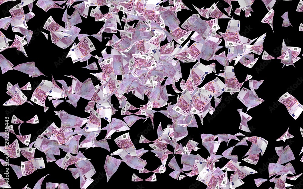 Flying euro banknotes isolated on a dark background. Money is flying in ...