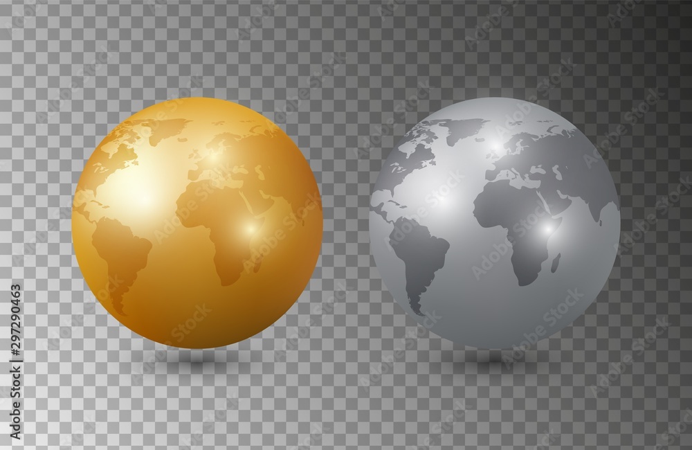 Gold silver earth. 3D Earth planet models vector illustration. Planet ...