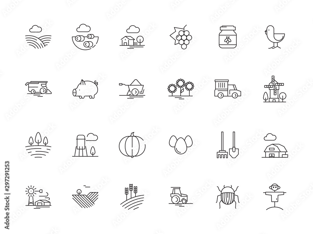 Farm symbols. Rural field landscape agricultural objects mill tractor ...