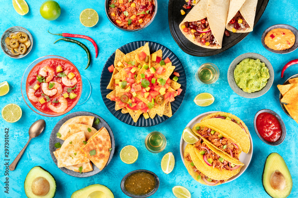 Mexican food, many dishes of the cuisine of Mexico, flat lay, shot from ...