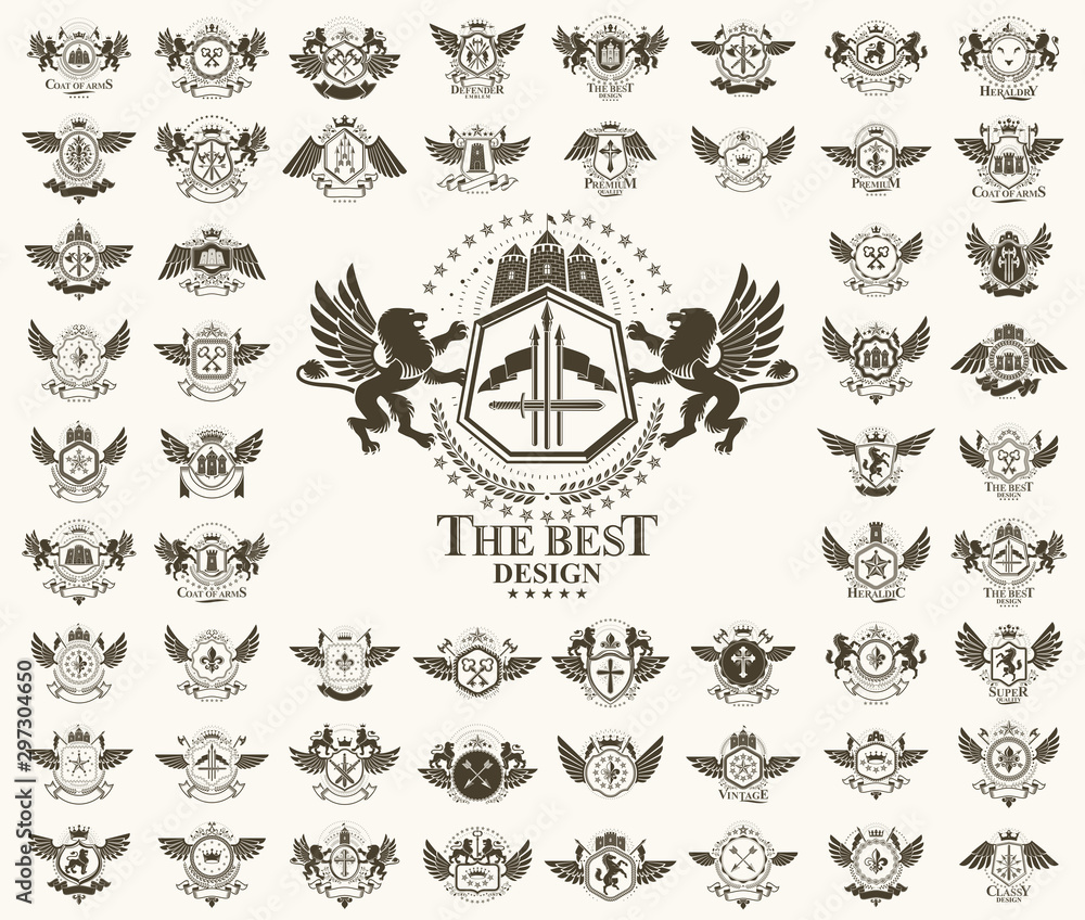 Vintage heraldic emblems vector big set, antique heraldry symbolic ...