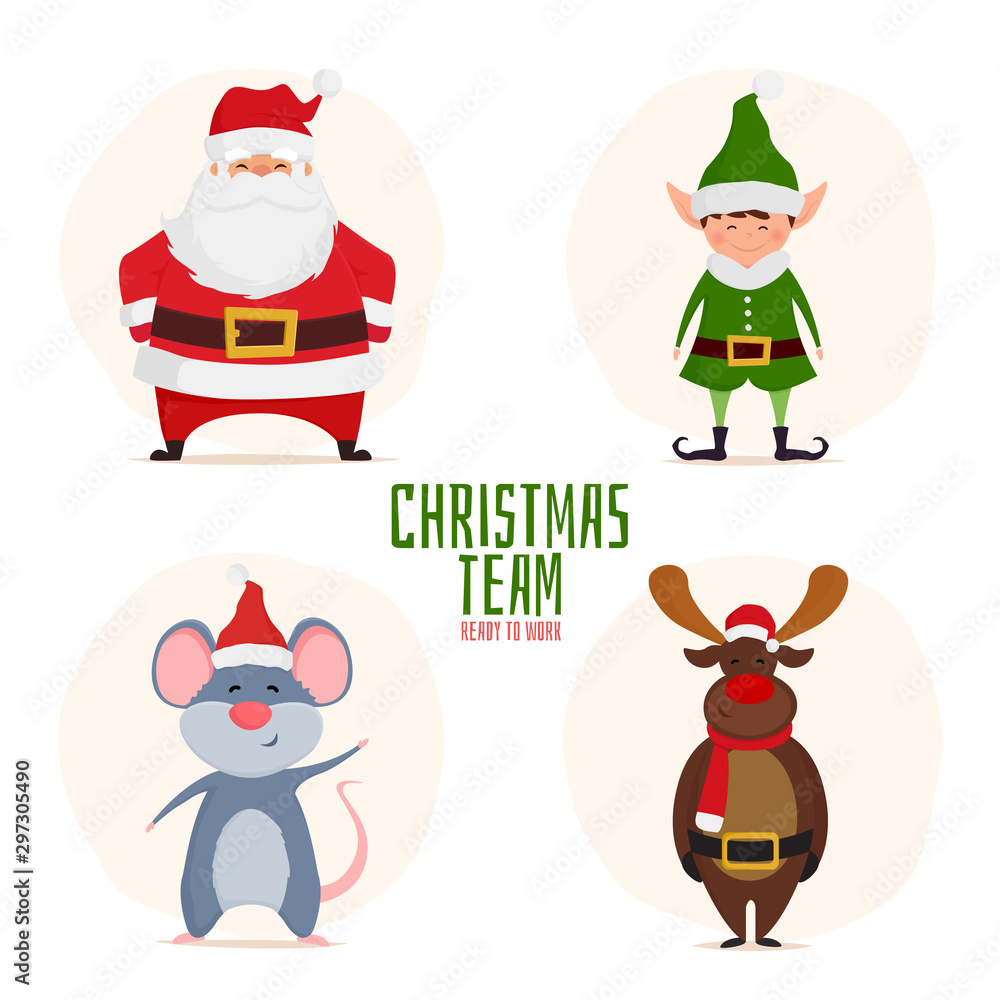 Cartoon Santa Claus, Christmas elf, reindeer and little mous eready to ...