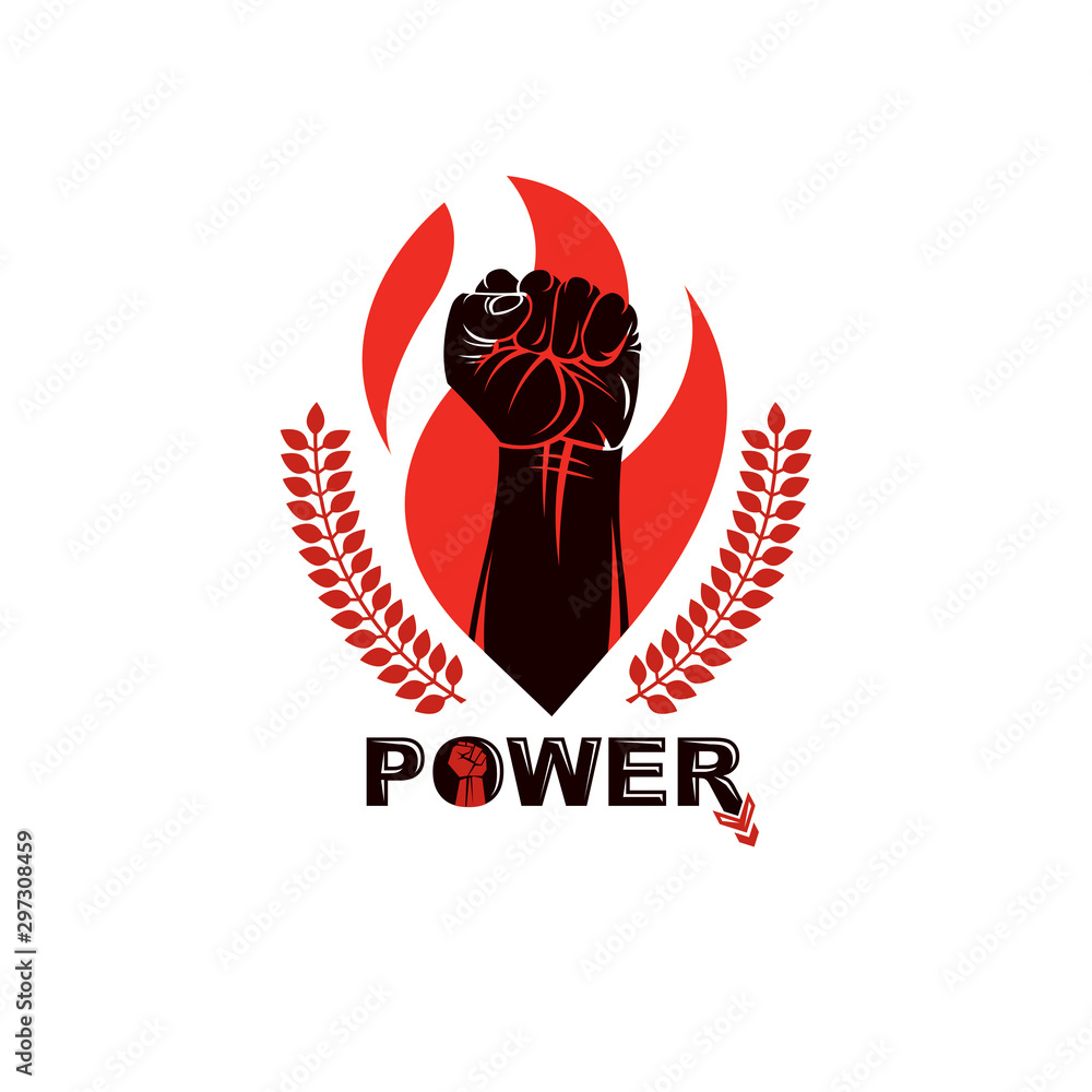 Vector emblem composed using strong muscular raised clenched fist ...