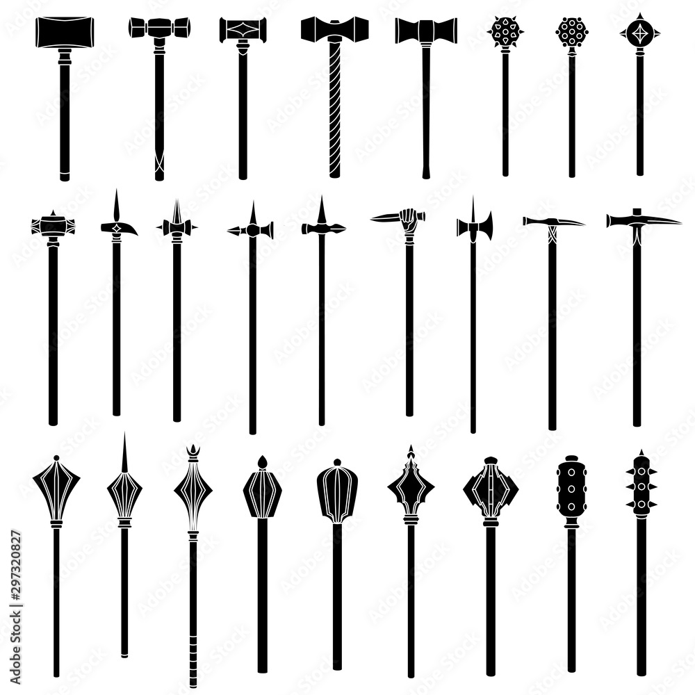 Set of simple monochrome images of medieval war hammers and maces ...