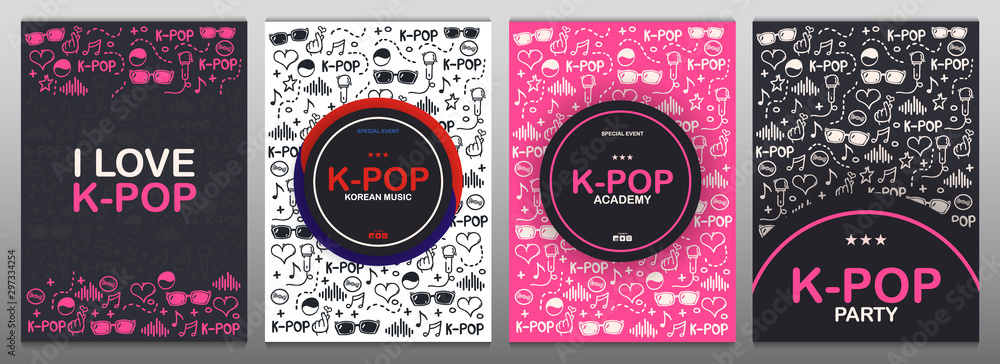 Poster Set of K Pop hand draw doodle backgrounds. Korean music style ...