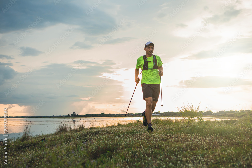Outdoor trail running in early sunrise concept for exercising, fitness ...