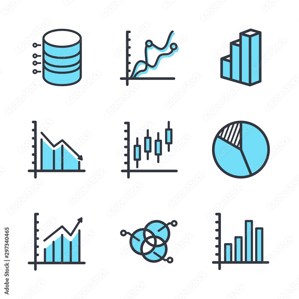 Set of Charts and Diagrams icon template color editable. Dot Plot, 3D Chart, Trend and more ...