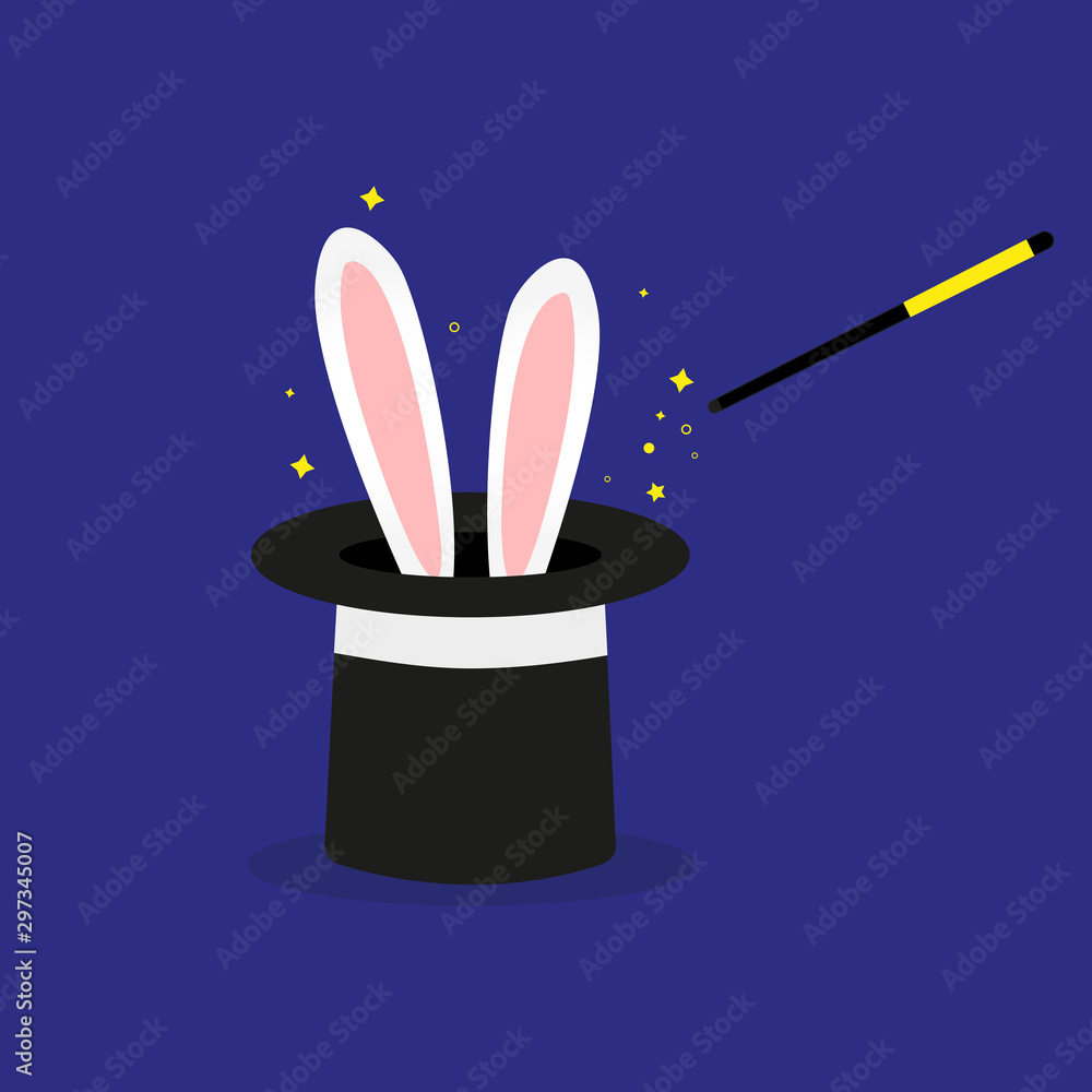 Magician's black hat, magic hat with bunny ears. Vector flat ...