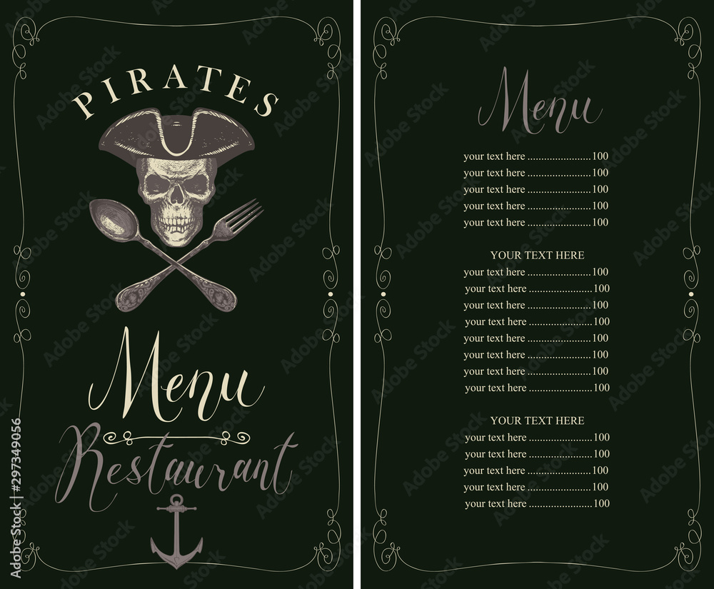 Vector menu for fresh seafood with hand-drawn human skull in pirate hat ...