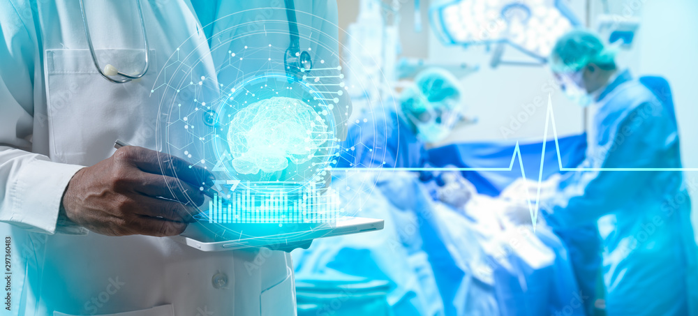 Doctor with virtual reality in operation room in hospital.Surgeon ...