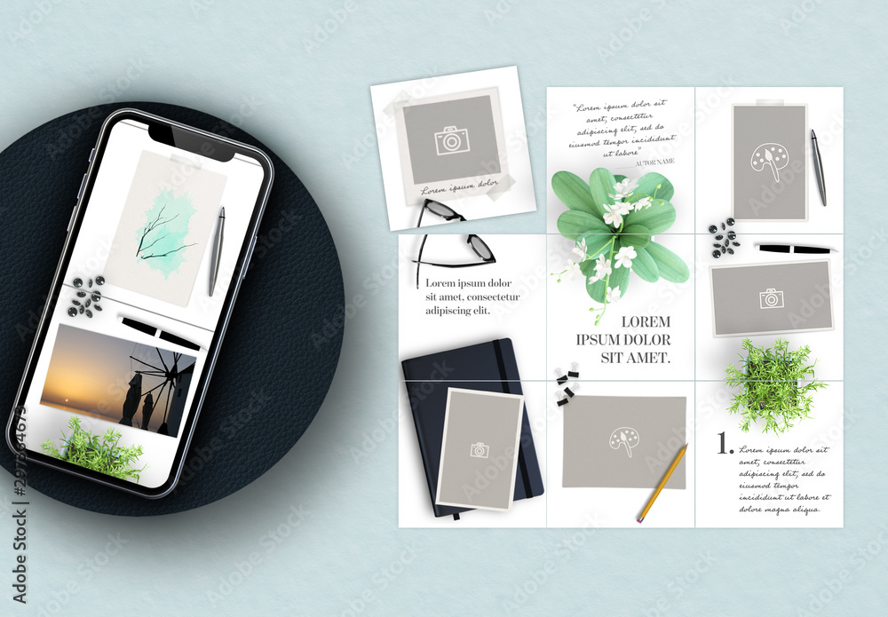 Social Media Grid Post Layouts with Stationery Elements Stock Template ...