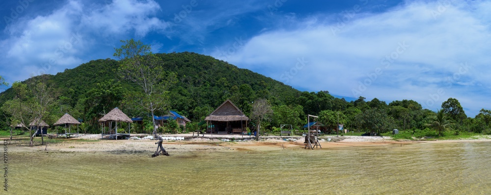 Tropical landscape of Koh Rong Samloem island with Blue dolphin Resort ...