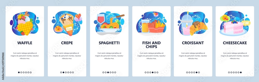 Mobile app onboarding screens. Breakfast and sweet food, waffle, crepe ...
