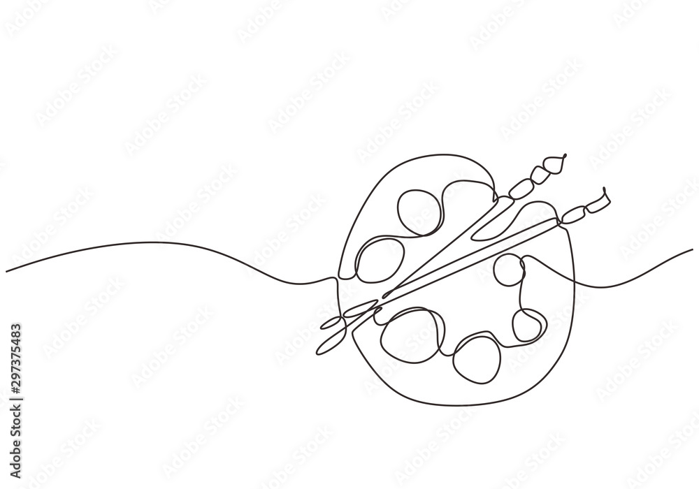 Art equipment of brush and painting palette one line drawing vector ...