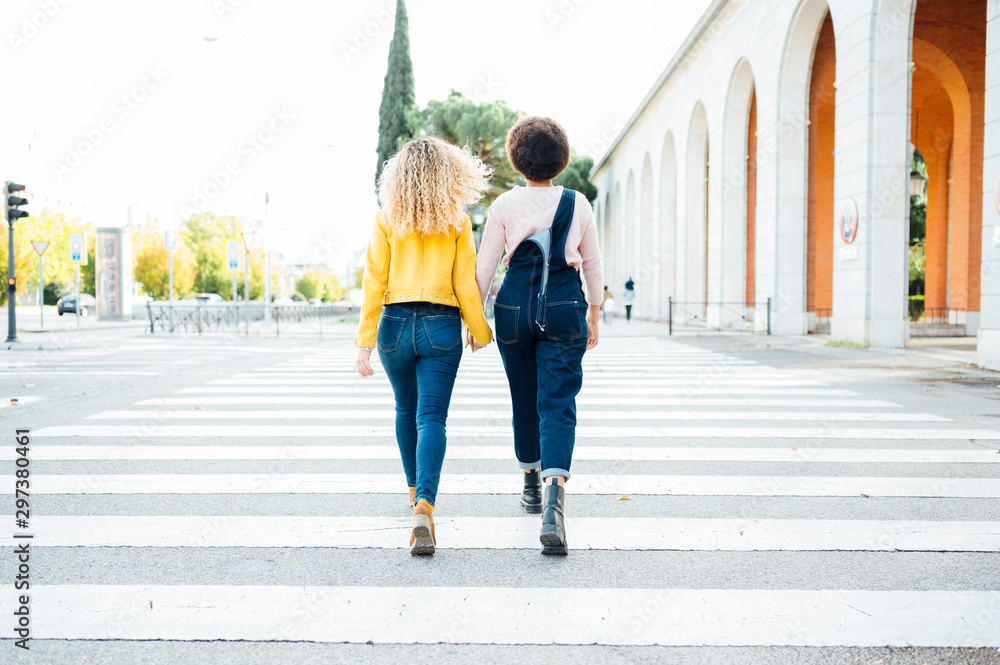 Stylish Young Women Having Friendly Meeting Walking In The Street Lgtb