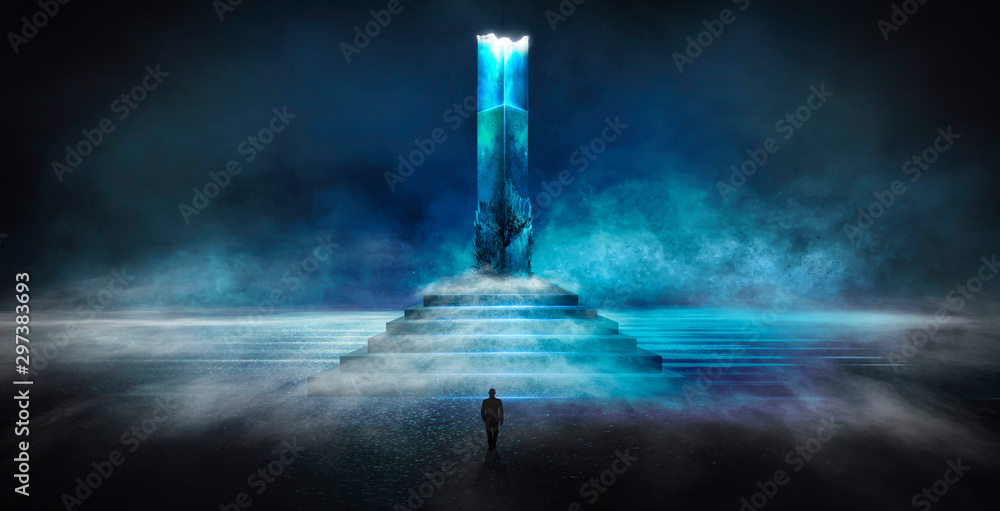 Dark abstract futuristic background. Dark Scene. Step up, large magic ...