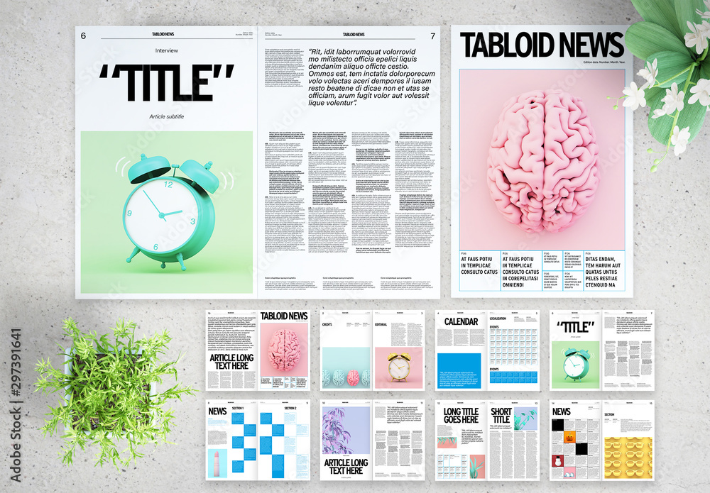 Newspaper Layout with Bold Text Elements Stock Template | Adobe Stock